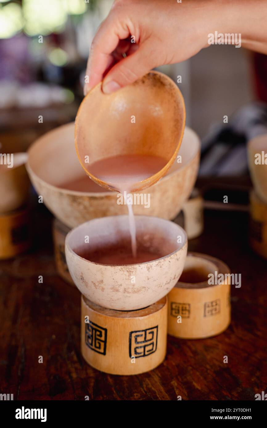 Hand pouring into a bowl the traditional drink of the indigenous people ...