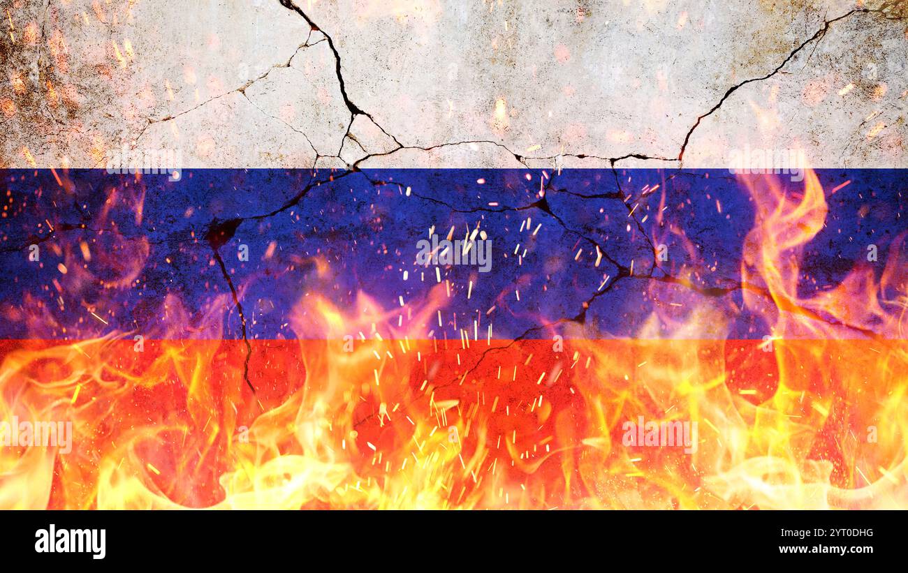 Russian flag on fire with flames and sparks on cracked concrete wall ...
