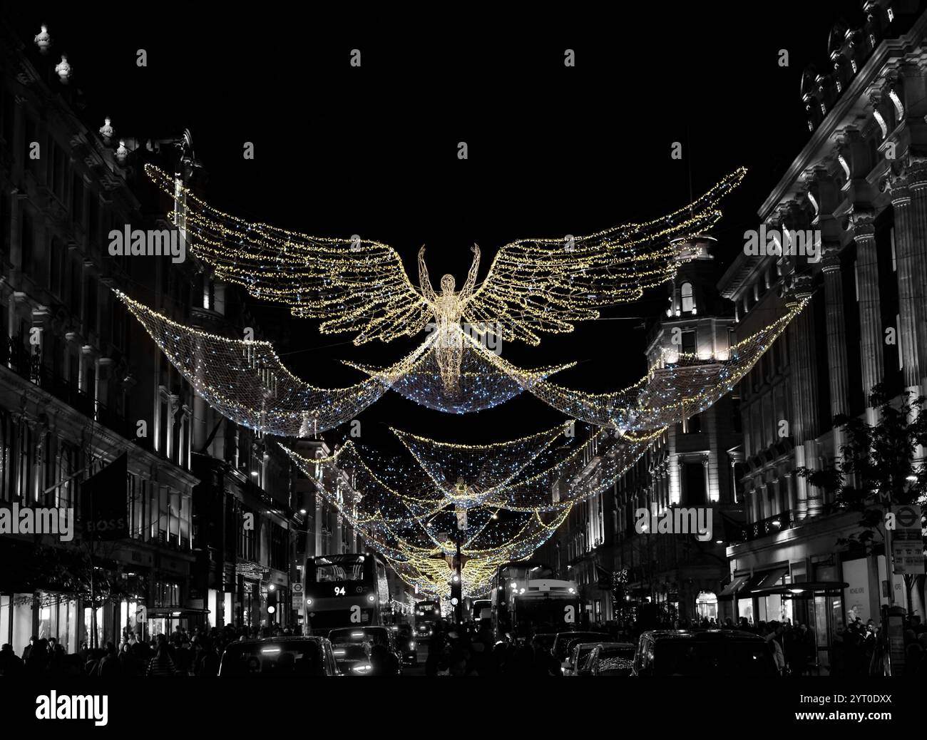 Christmas light angels on Regent Street in London. Taken at night ...