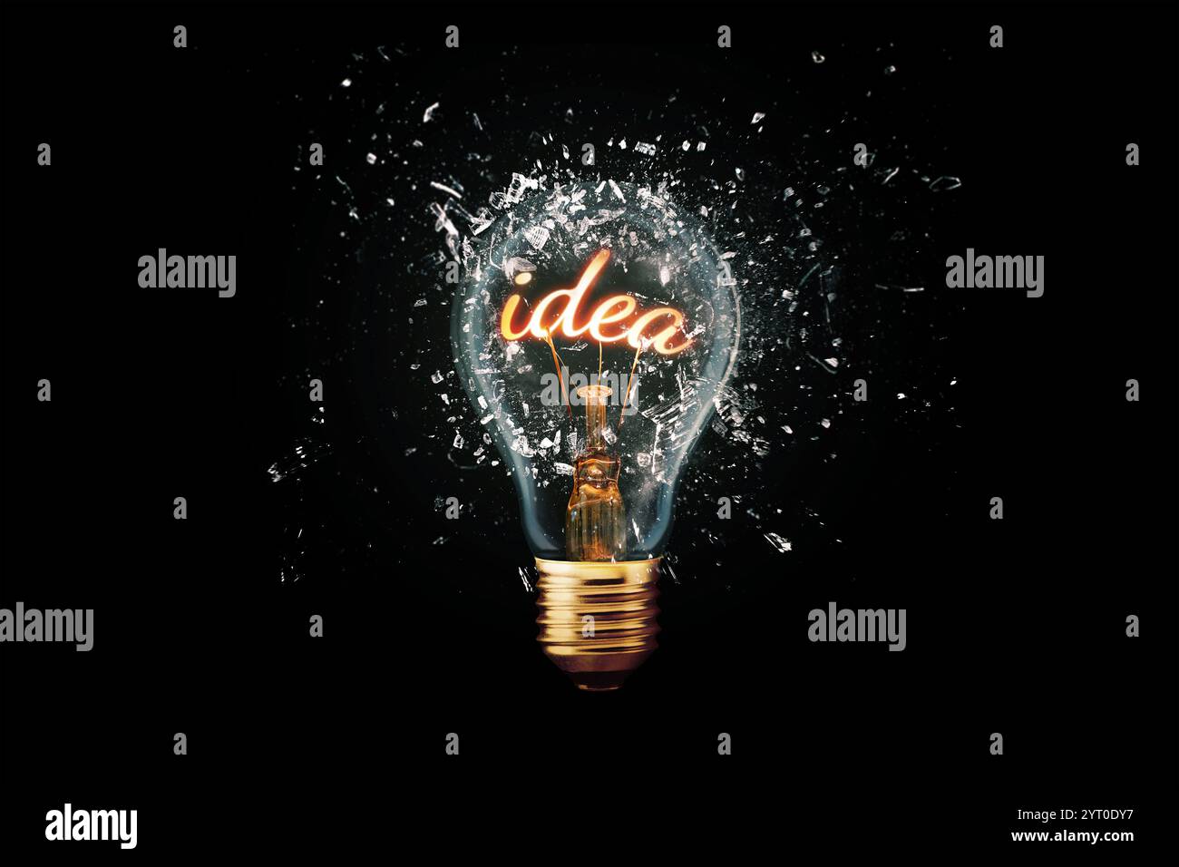 Creative idea light bulb with Idea explodes with shards of glass on a ...