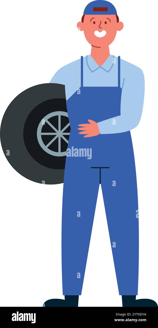 mechanic man holds wheel car Stock Vector Image & Art - Alamy
