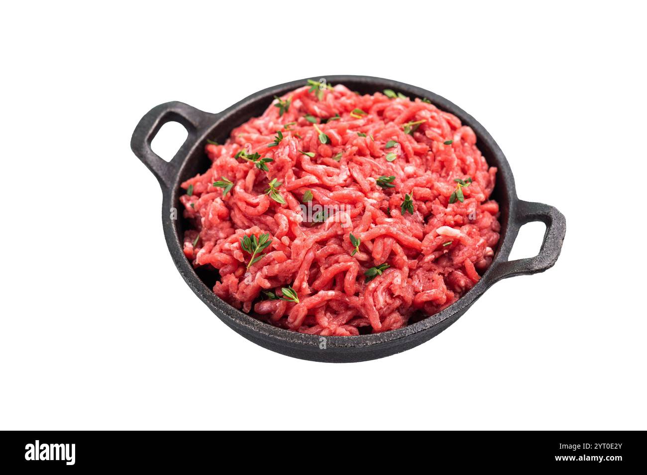 Lamb Mutton ground mince raw meat, forcemeat in a skillet, isolated on ...