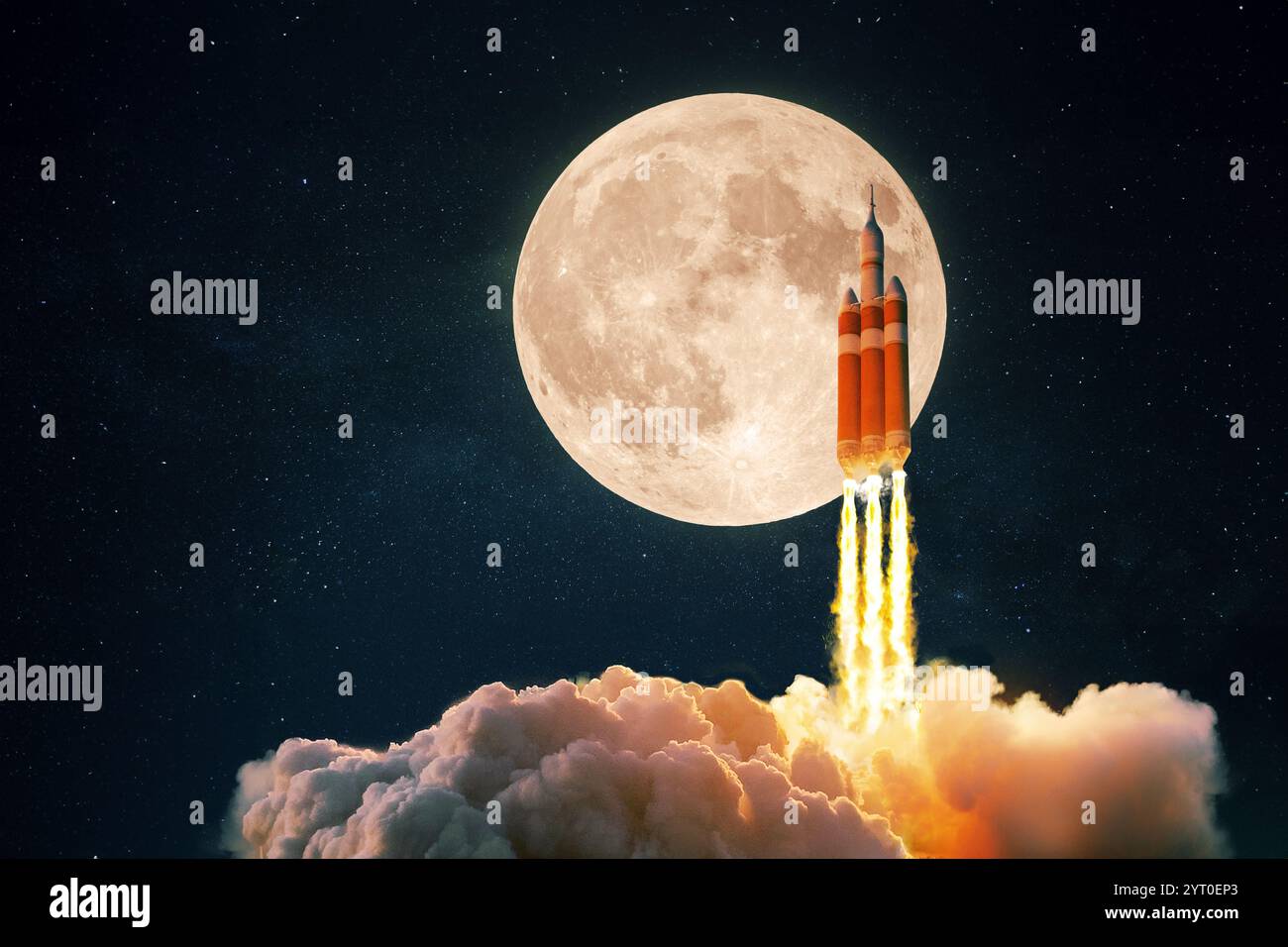 New space rocket with smoke and clouds takes off into the sky with full ...
