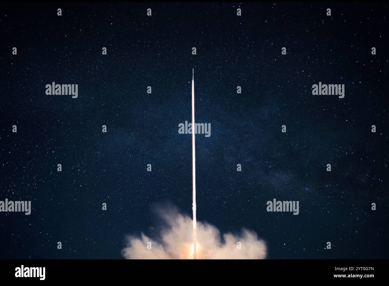 Space rocket launch into the starry sky. Space shuttle with blast and ...