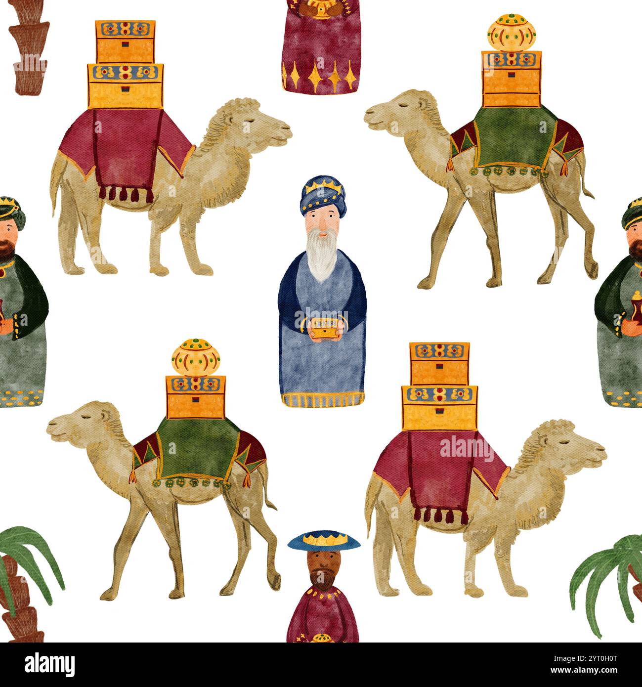 Wise man and a camel with gifts Christmas watercolor seamless pattern ...