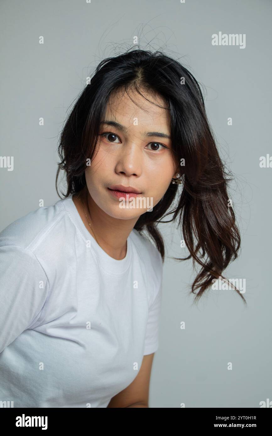 fashion portrait of young asian face without makeup and long hair ...