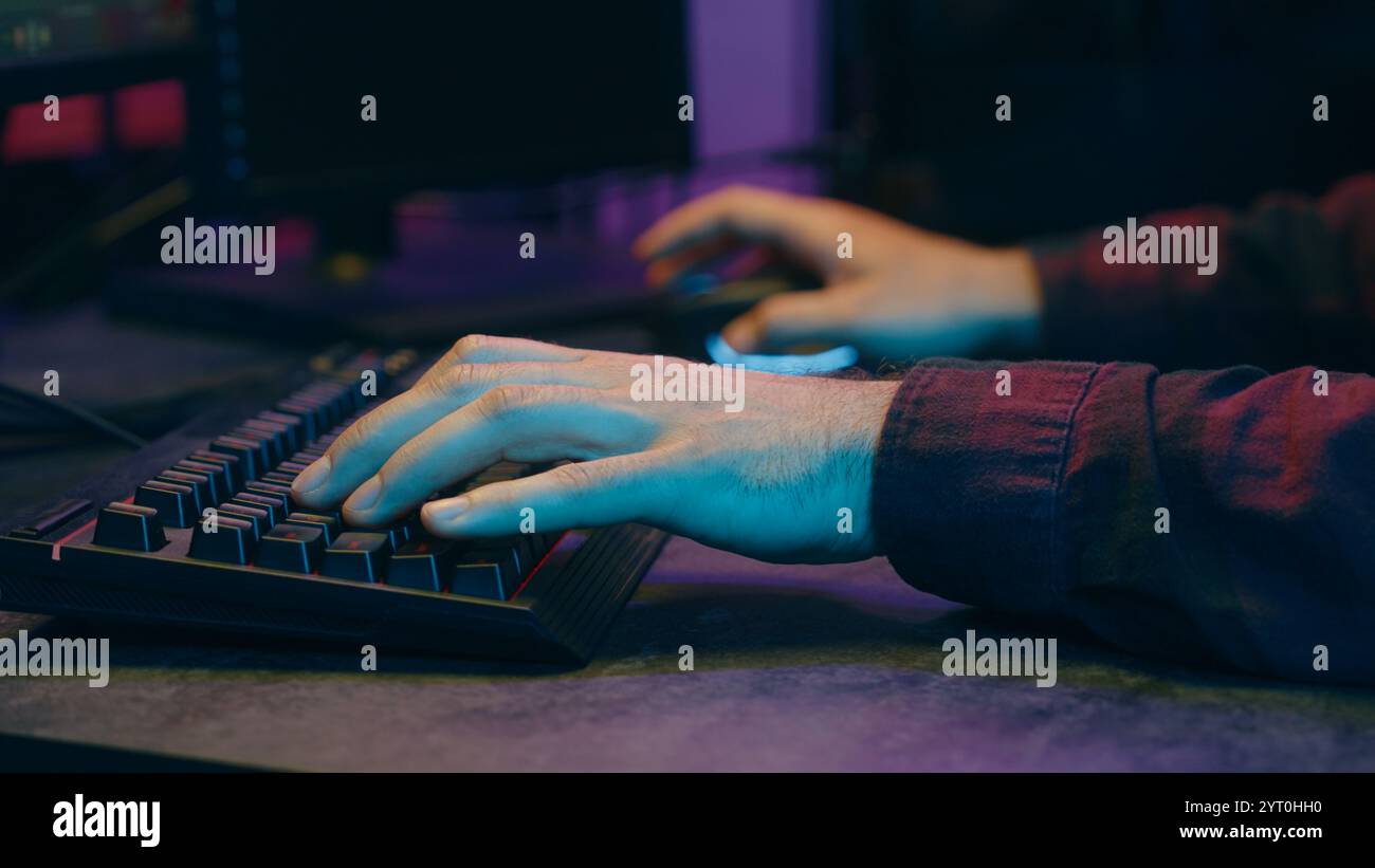 Carefree Caucasian gamer guy blogger vlogger man playing computer game ...