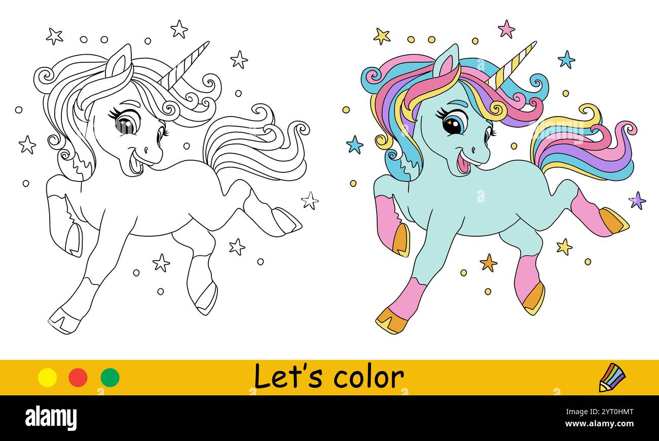 Kids coloring with color template cute turquoise unicorn Stock Vector ...