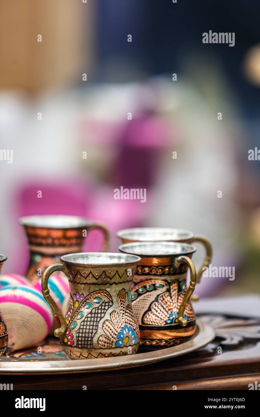 Turkish tea cups decorated with traditional oriental ornament. Istanbul ...