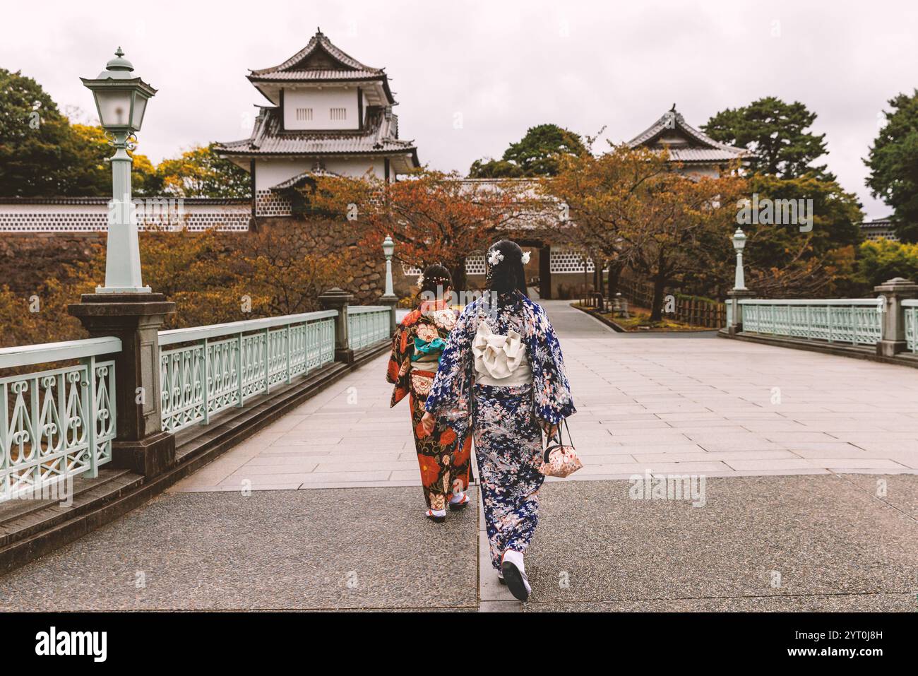 Graceful women dressed in traditional kimonos walk elegantly toward a ...