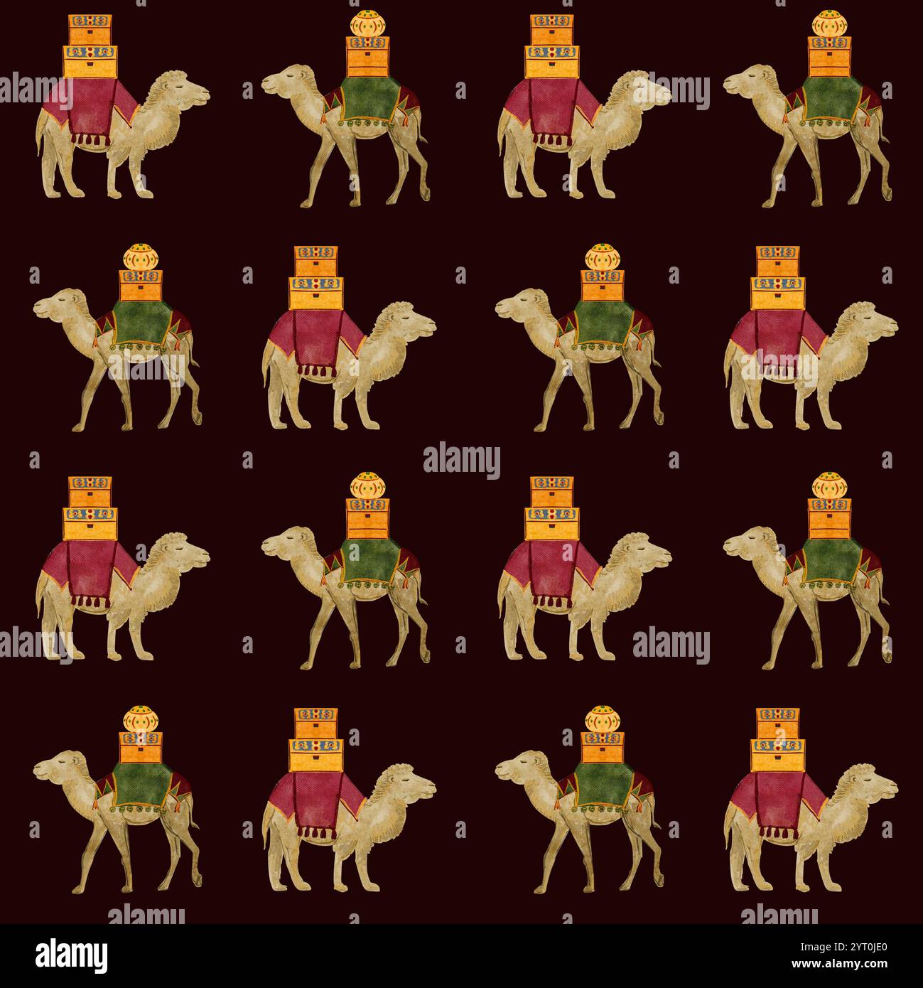 Camel with chests with gifts watercolor seamless pattern on dark ...