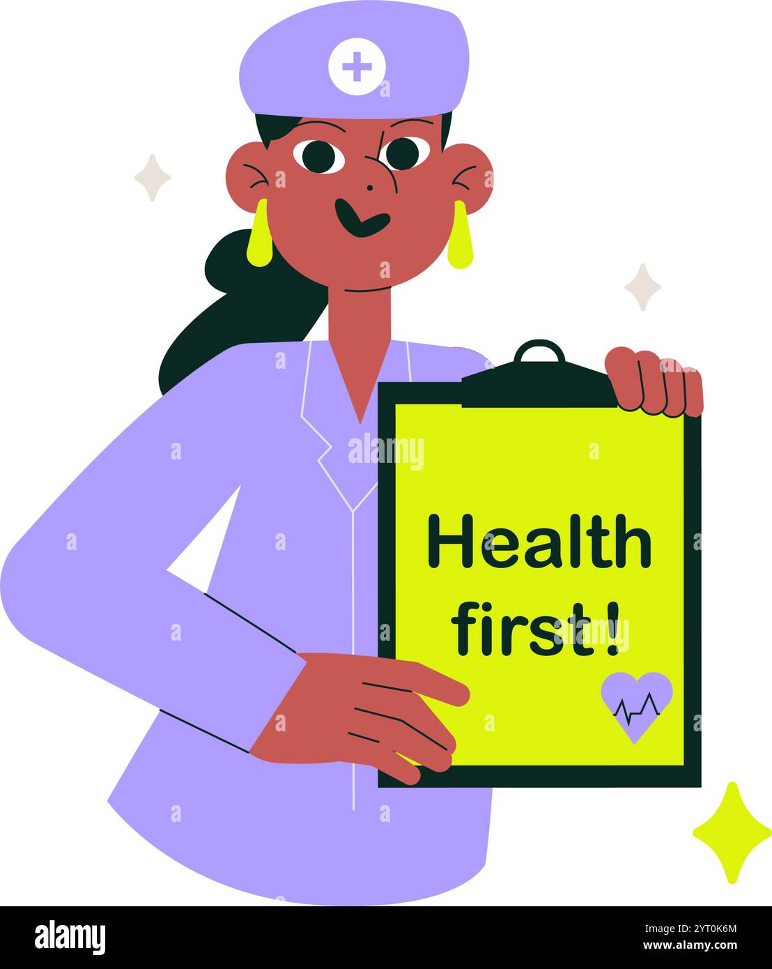 Female Nurse Holding Health First Signboard In Flat Vector Illustration ...