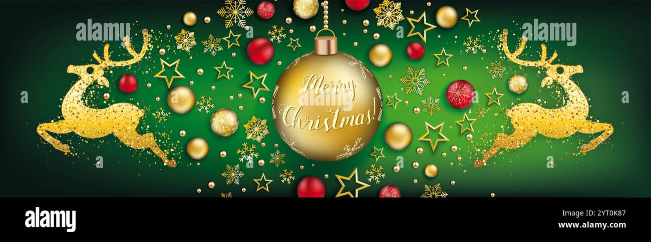 Merry Christmas Golden Bauble Reindeers Green Header Christmas banner ...
