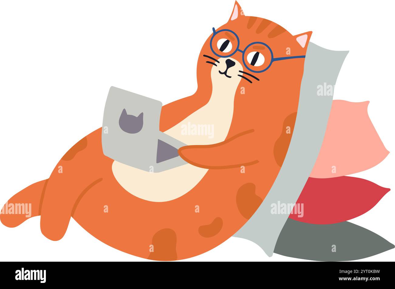 Relaxed ginger cat wearing round glasses and working from home, lying ...
