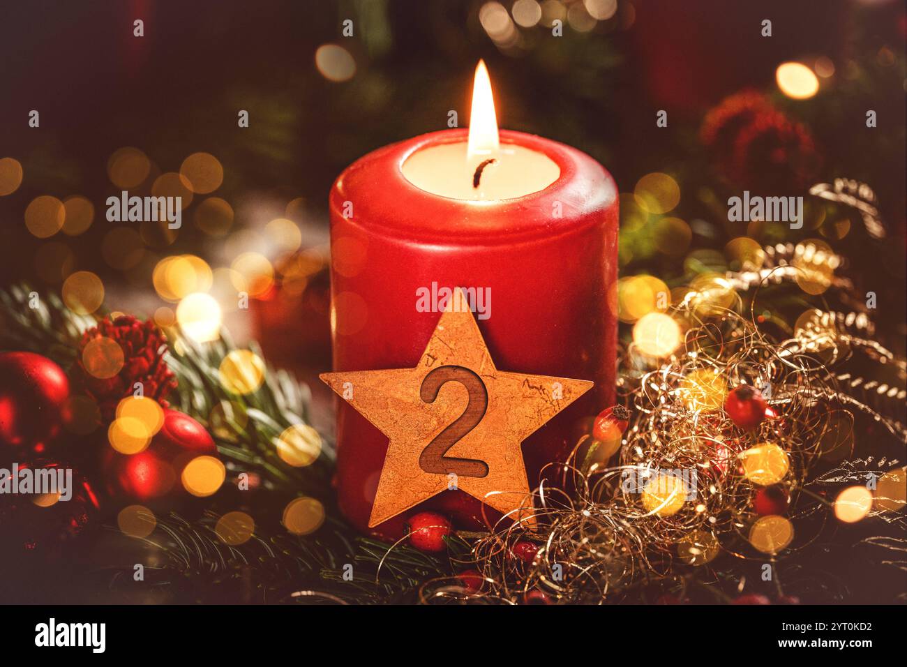 December 5, 2024: Second Advent, red Advent candle on an Advent wreath burns for the 2nd Advent ...