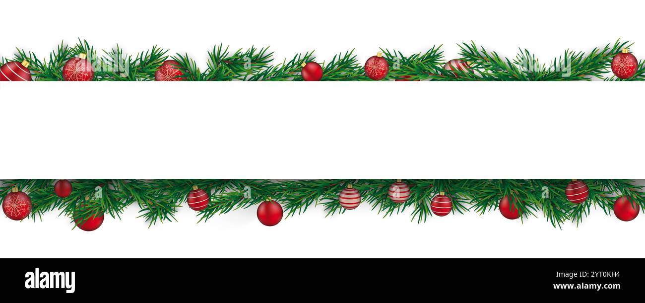 Christmas Green Twigs Red Baubles White Banner Christmas banner with ...