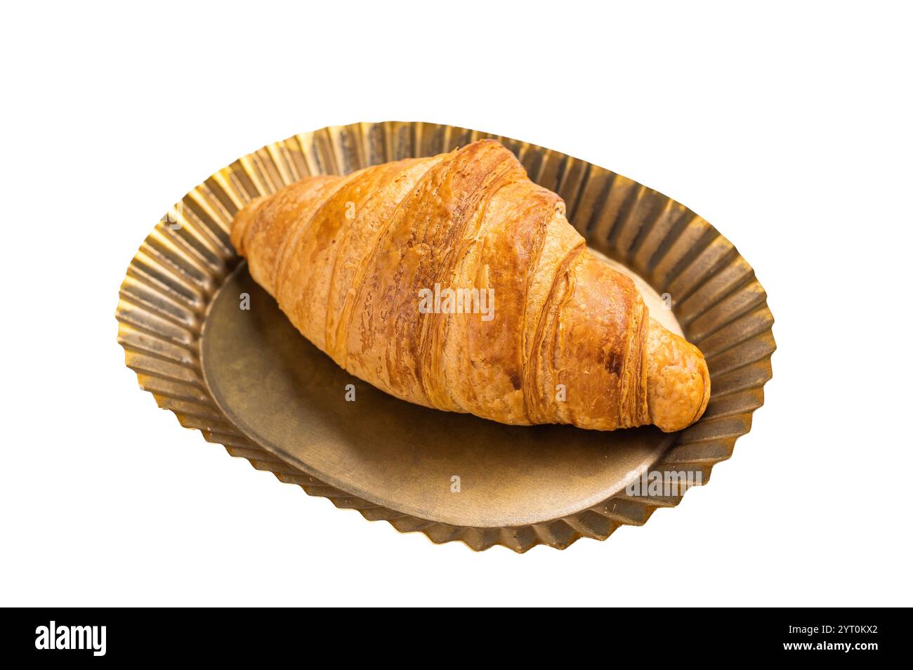 Freshly baked single brown French croissant on metal plate isolated on ...