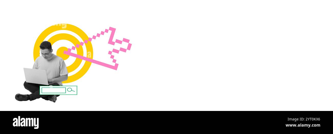 Contemporary art collage. Man working on laptop, with pixelated cursor ...