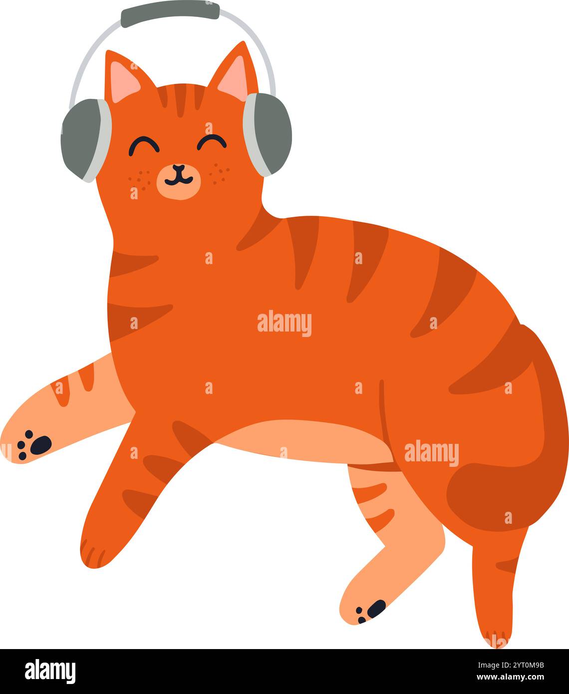 Happy ginger tabby cat wearing headphones, enjoying music and relaxing ...