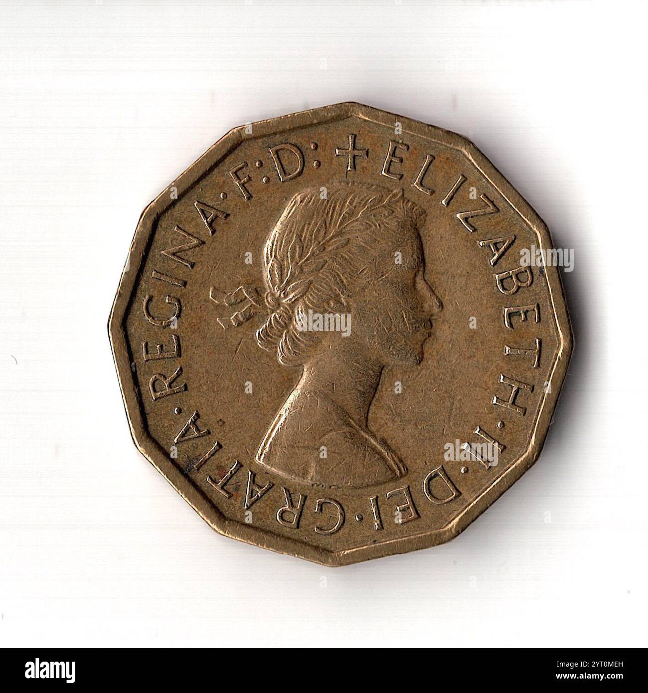 The front of a vintage Queen Elizabeth II three pence piece from Great ...