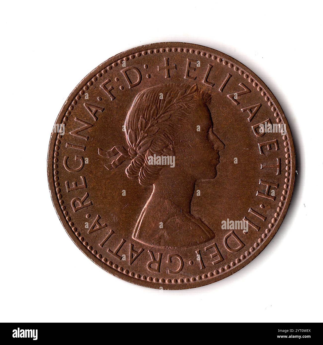 The front of a vintage Queen Elizabeth II penny from Great Britain on a ...