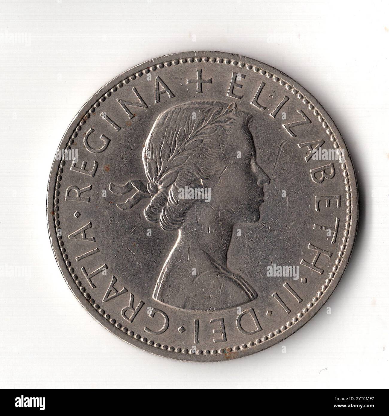 The front of a vintage Queen Elizabeth II half crown from Great Britain ...