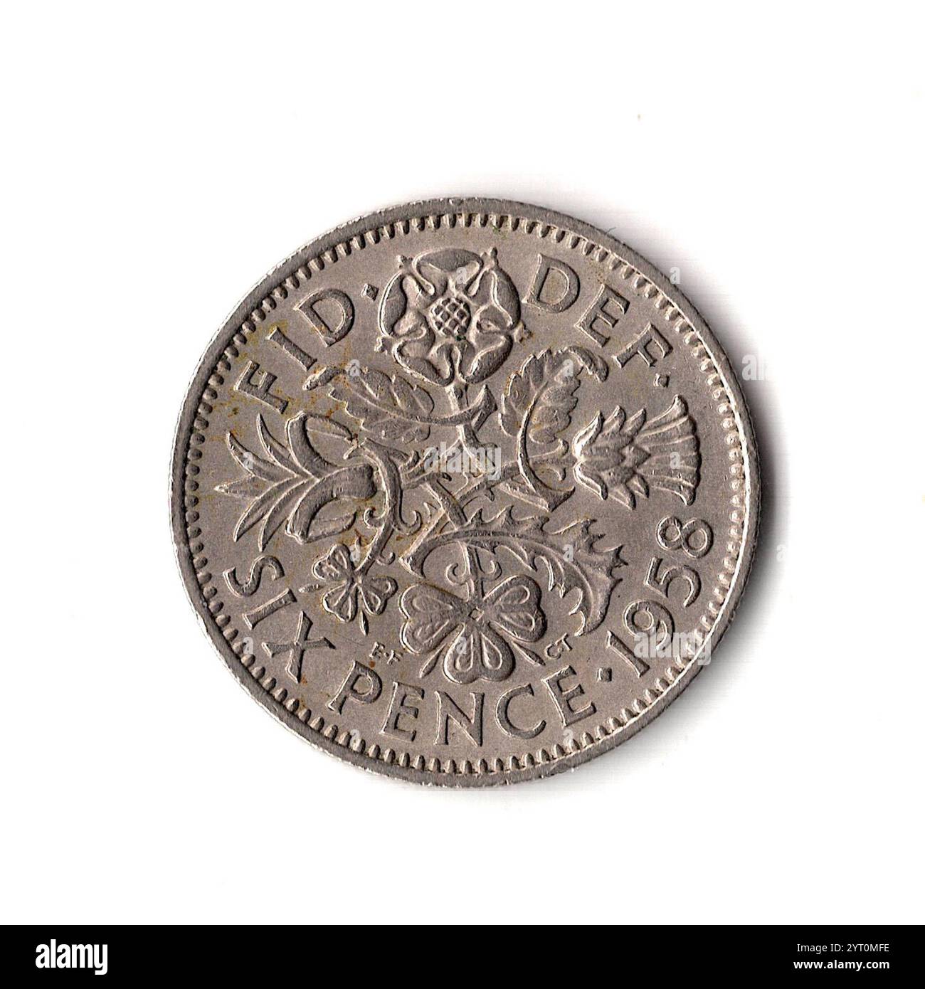 The back of a vintage Queen Elizabeth II sixpence from Great Britain on ...
