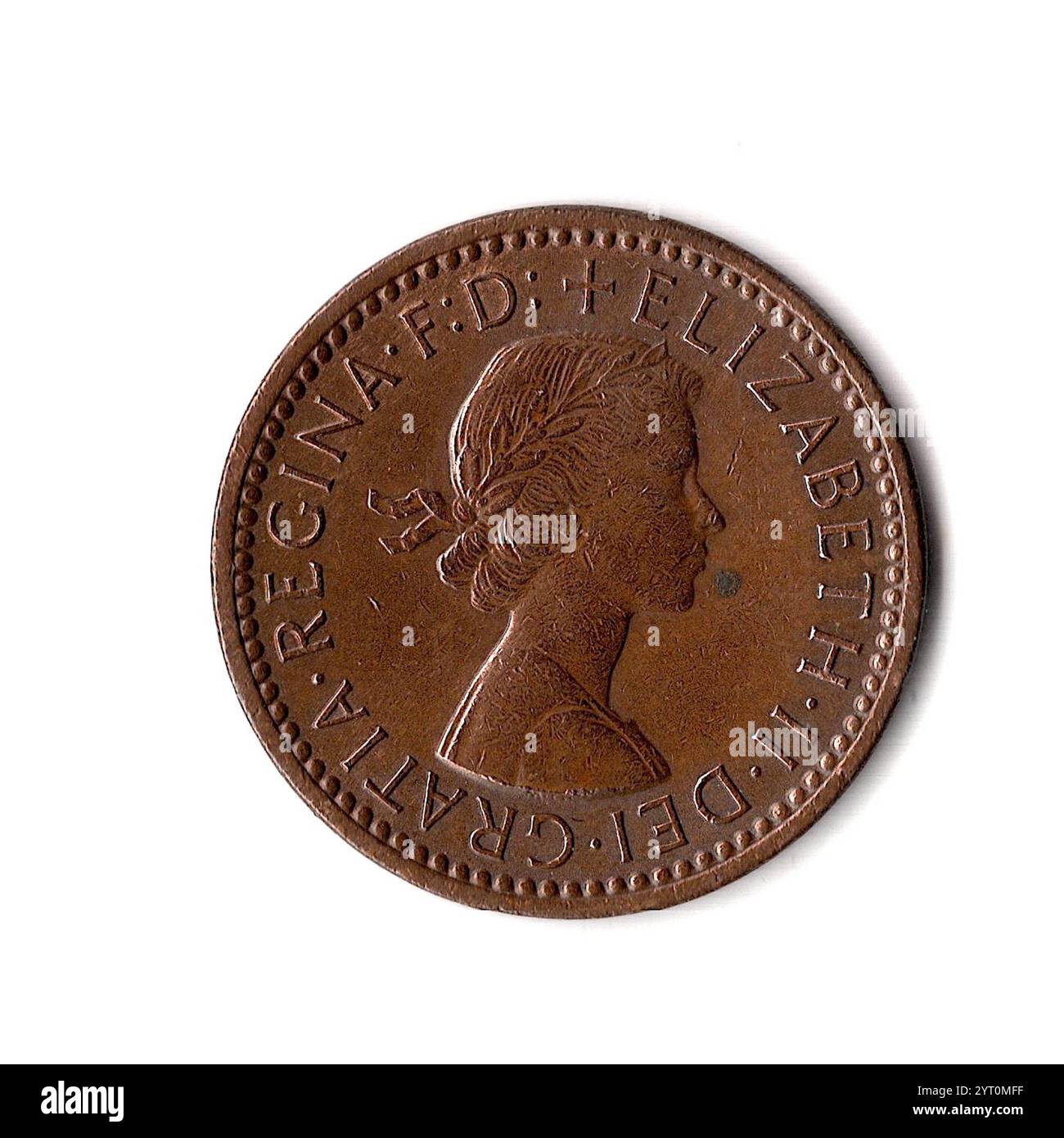The front of a vintage Queen Elizabeth II farthing from Great Britain ...