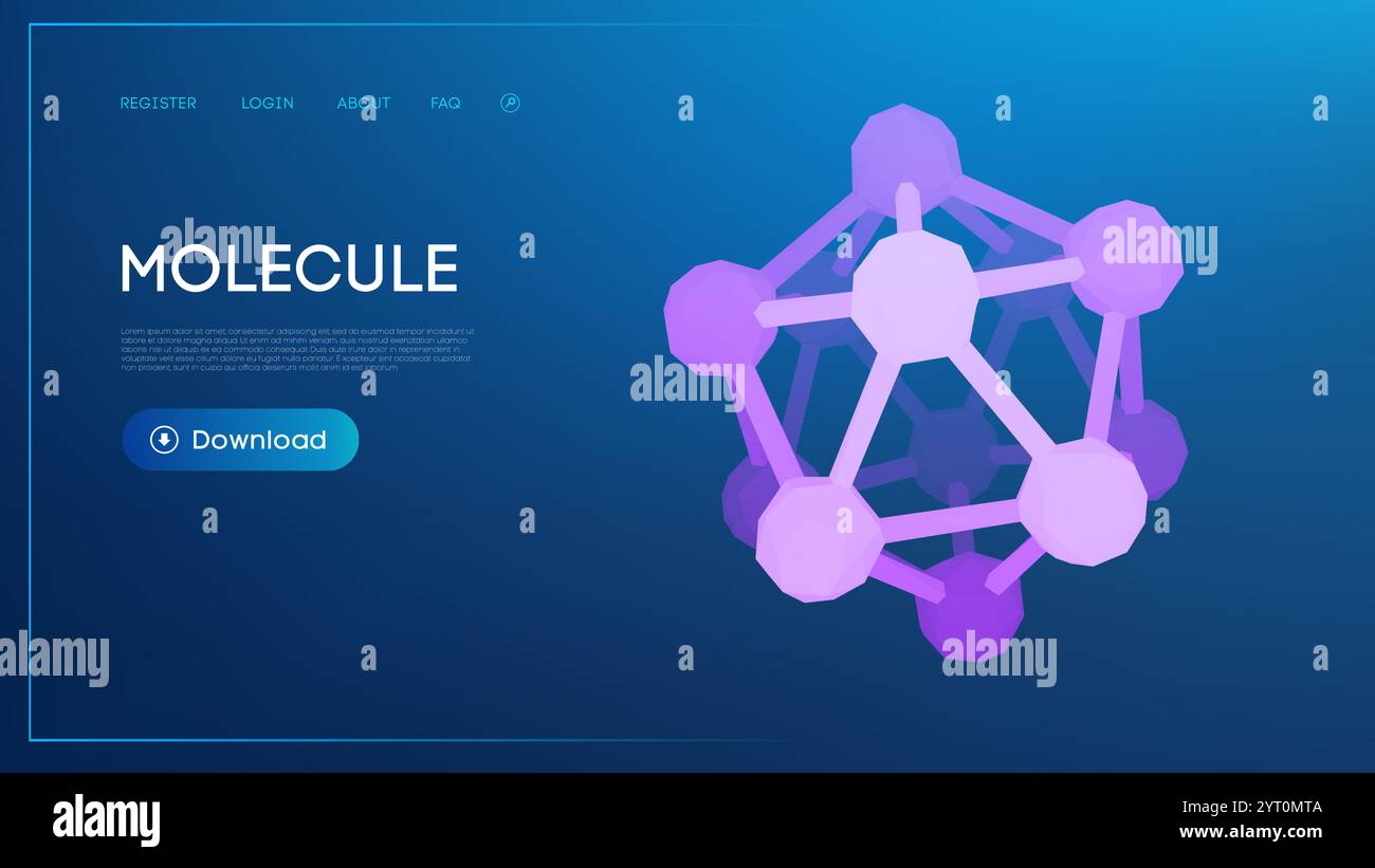 Abstract low-poly molecular structure illustration with vibrant purple shades on a gradient blue ...