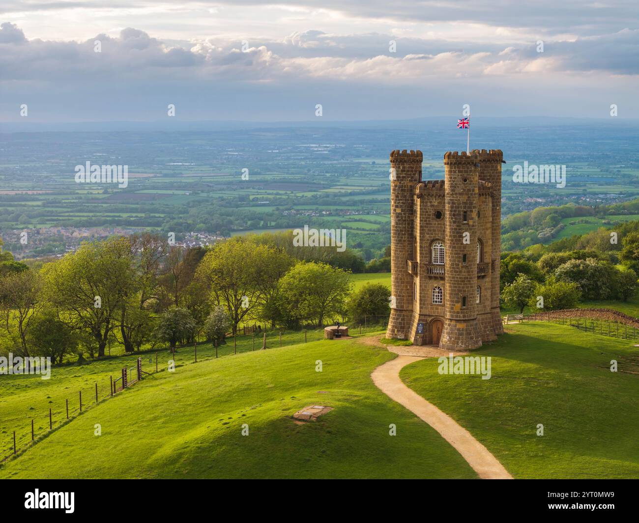 Aerial view of Broadway Tower in the Cotswolds, Worcestershire, England ...