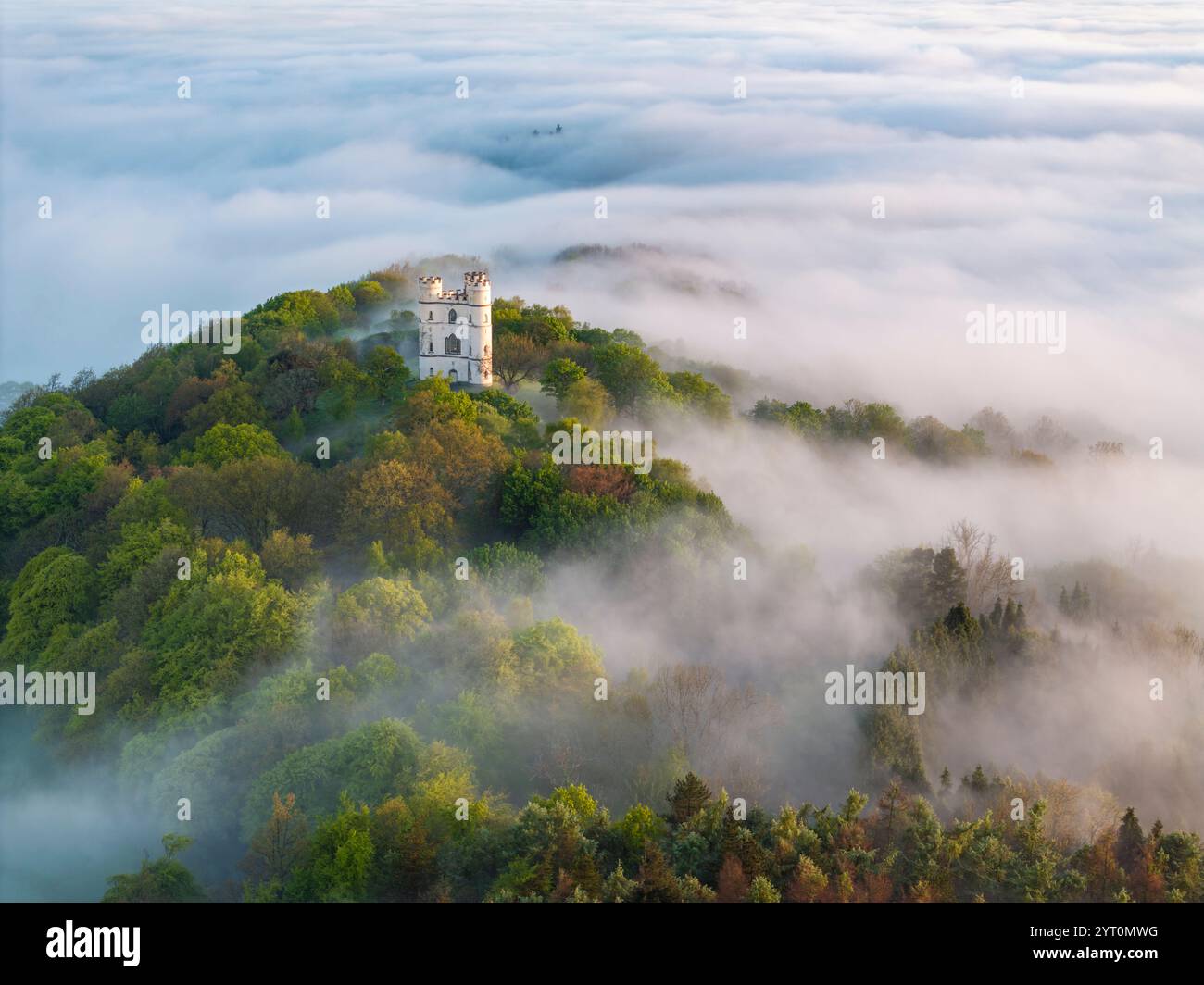 Aerial view of Haldon Belvedere (Lawrence Castle) on a misty spring ...