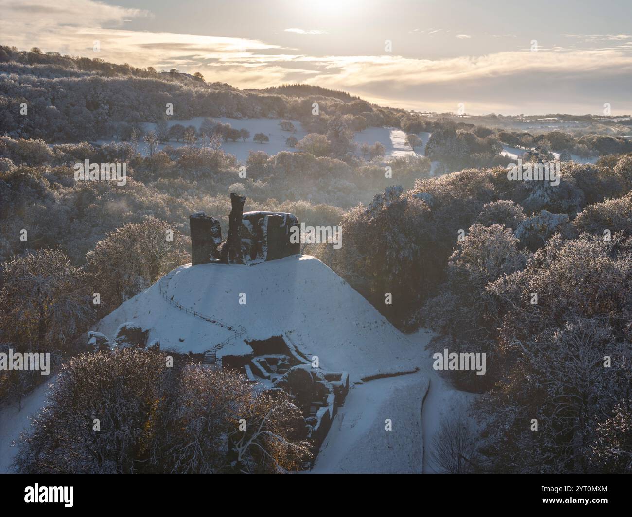 Aerial view of Okehampton Castle in the snow, Devon, England. Autumn ...