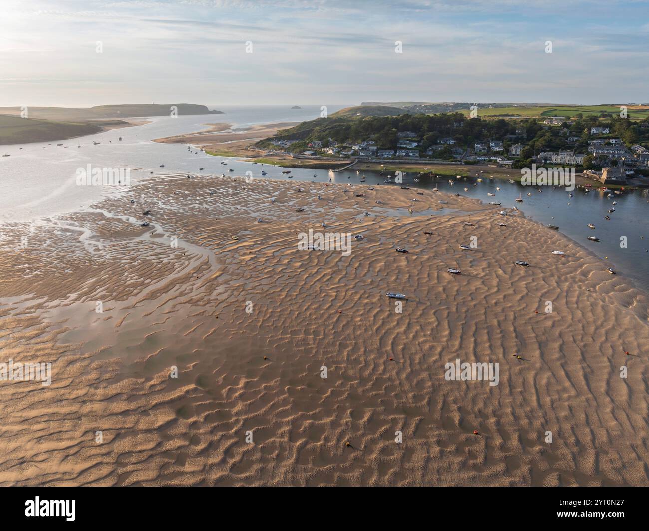 Aerial view of Rock and the Camel Estuary, Cornwall, England. Summer ...