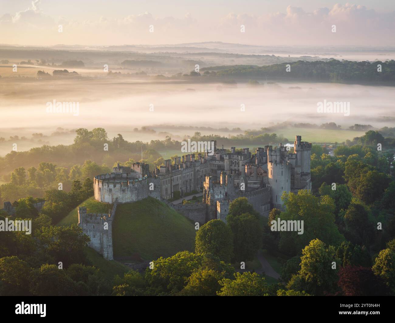 Arundel Castle on a beautiful misty morning, West Sussex, England ...