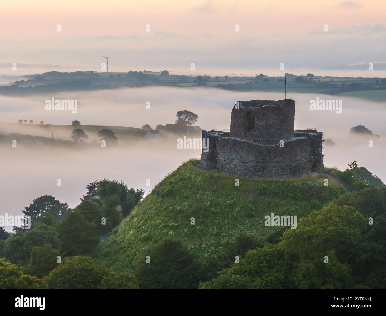 The ruins of Launceston Castle on a misty summer morning, Cornwall ...