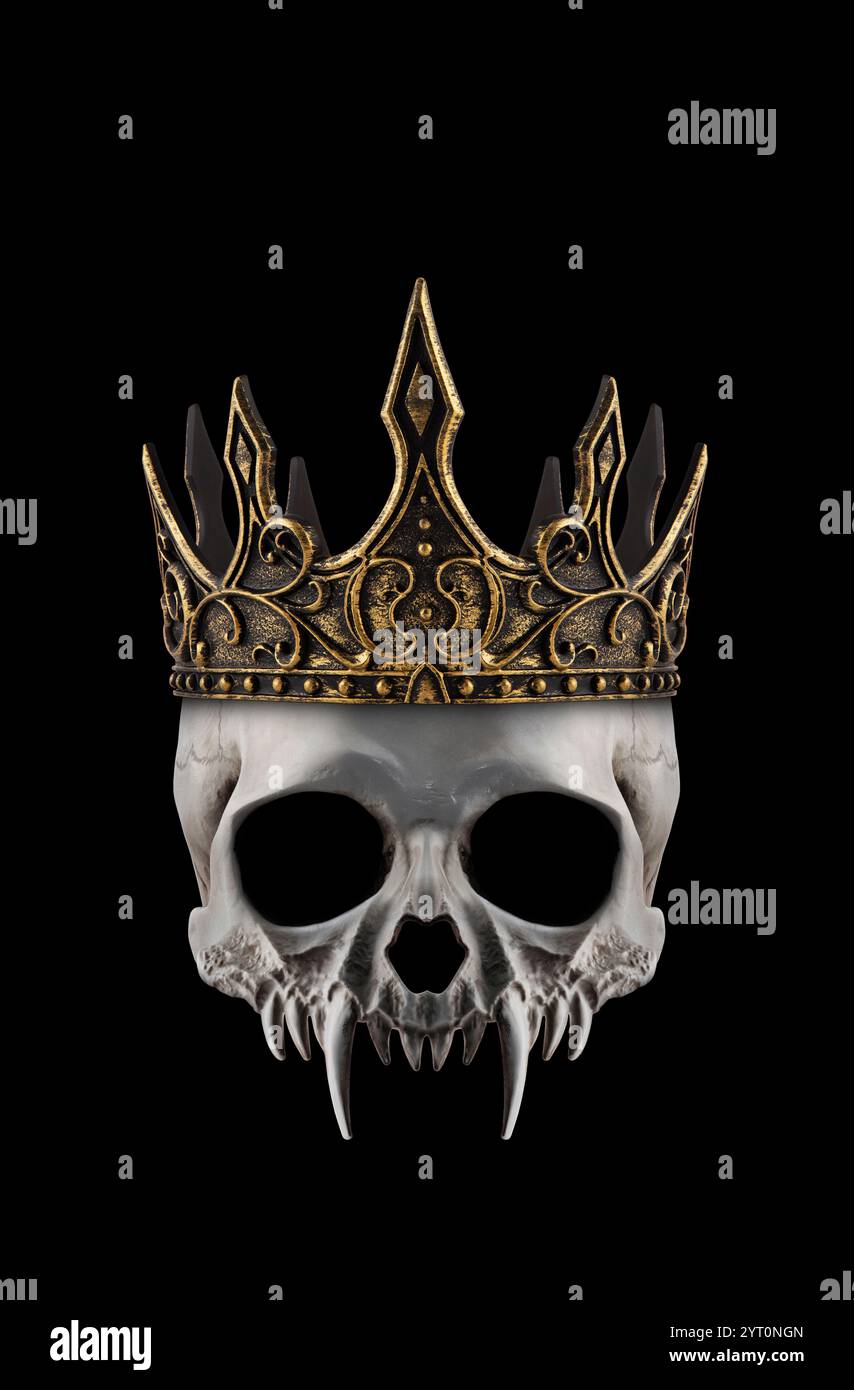 Vampire skull with long sharp fangs and ancient golden crown on black ...