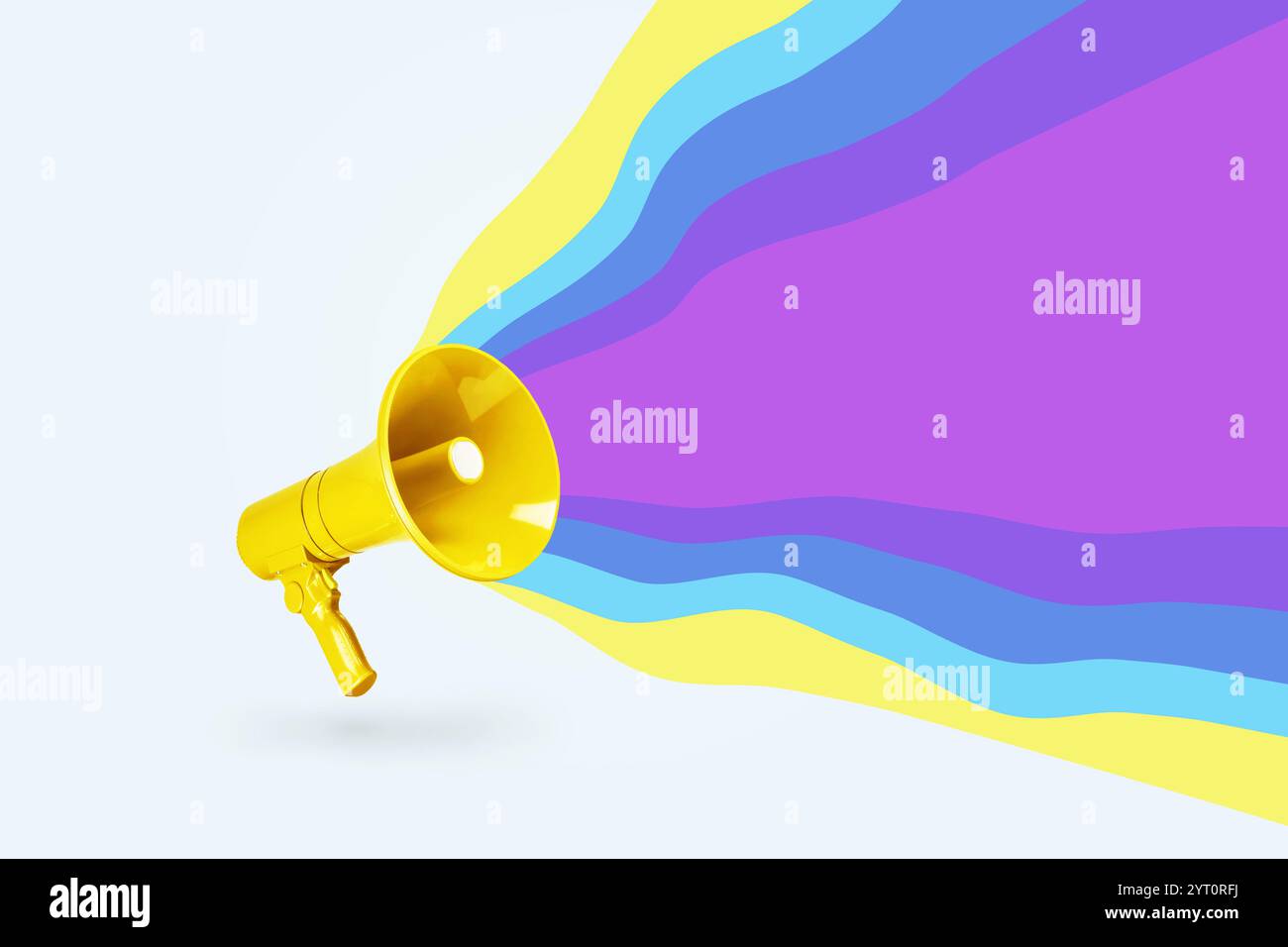 Creative yellow loudspeaker with color waves on white background ...