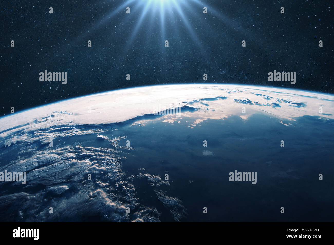 Amazing blue planet earth with ocean and clouds with sun light in open ...