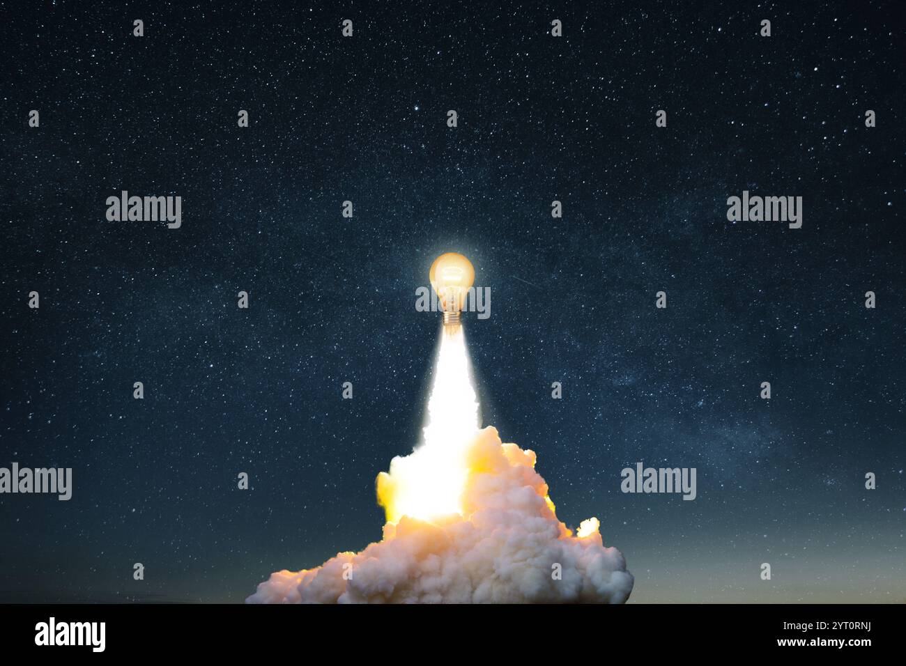 Creative burning light bulb rocket with blast and clouds of smoke ...