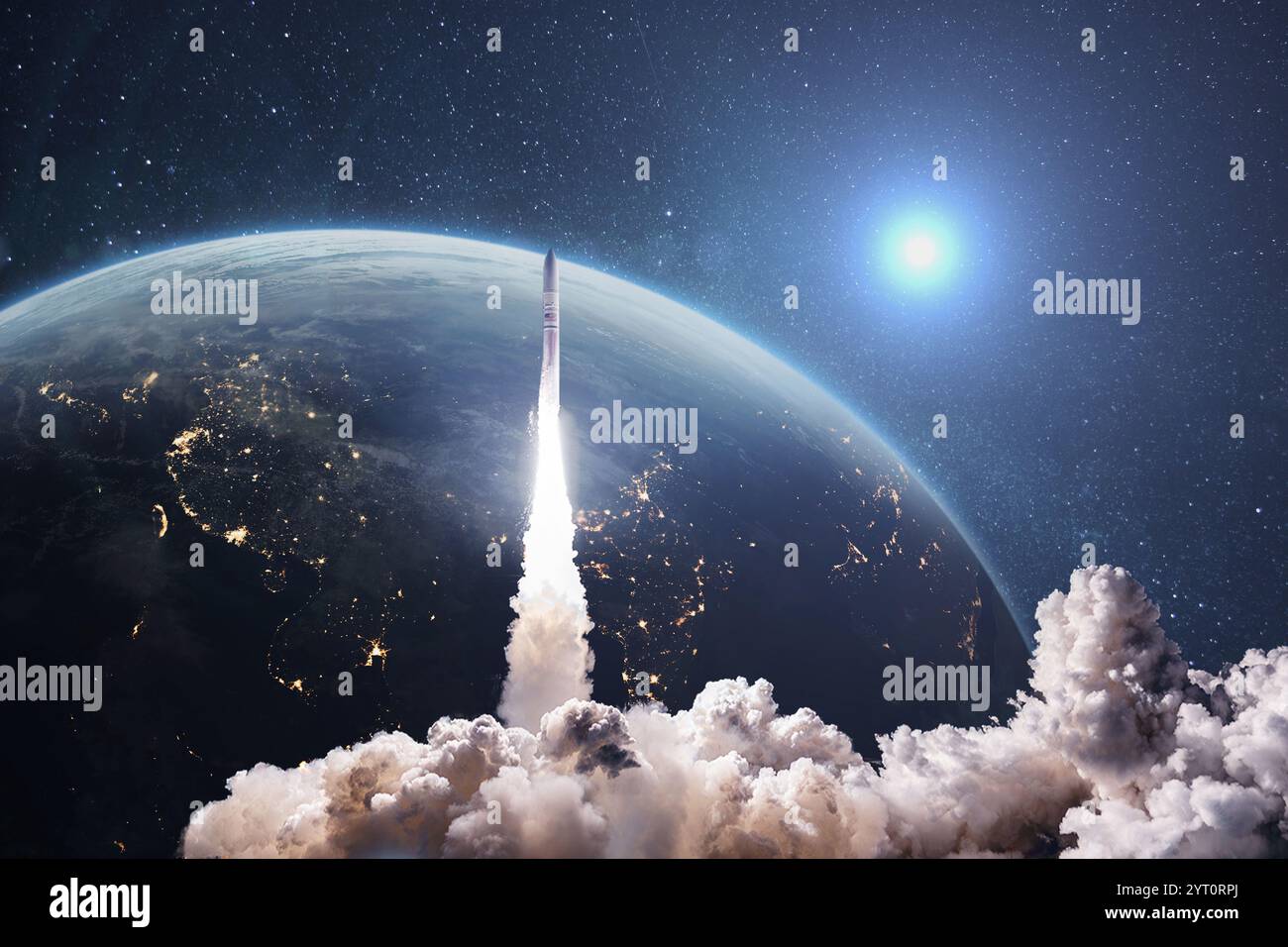 Rocket lift off. Space shuttle with smoke and blast takes off into ...