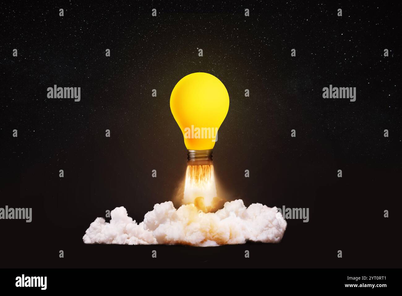 Creative light bulb rocket with blast and smoke takes off on a black ...