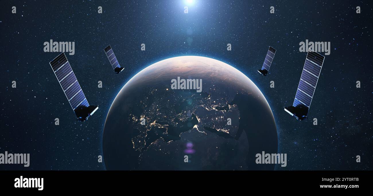 Satellites in orbit of planet Earth with the lights of the night cities ...