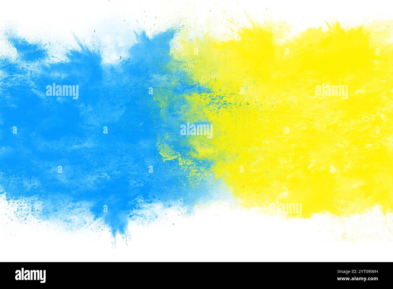 Acrylic dry paint splatter explosion of blue and yellow paint on a ...