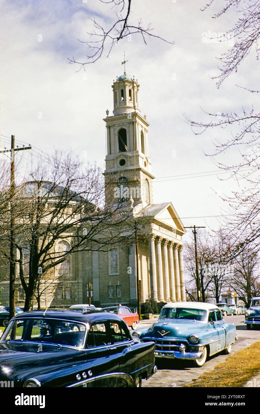 Cars parked on street near First Baptist Church, Fifth Street, Winston ...