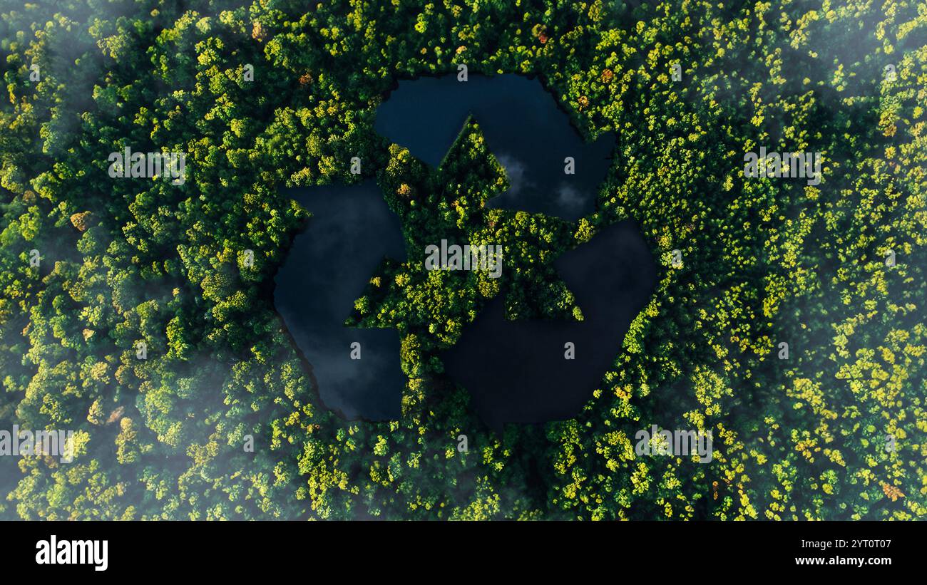Beautiful green forest with a lake and a recycling sign, bird's eye ...