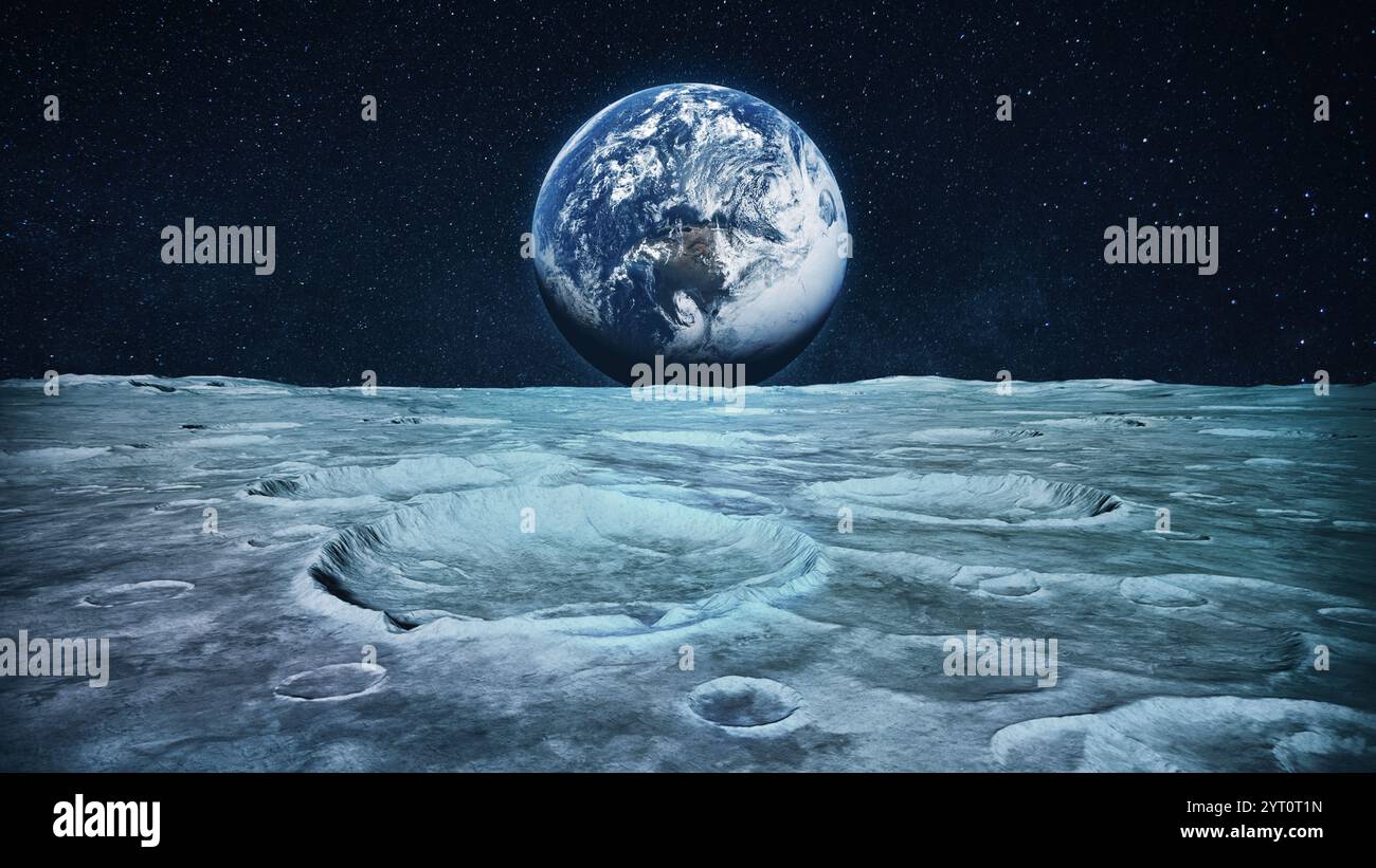 Surface of the moon view with craters in space with stars and planet ...