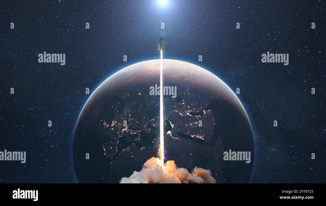 Space shuttle rocket takes off with blast and smoke in space with ...