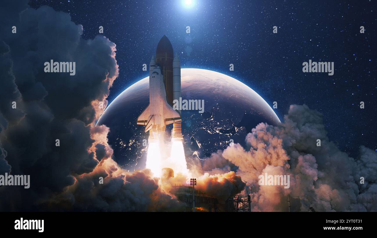Space rocket lift off into cosmos with smoke and blast on a background ...