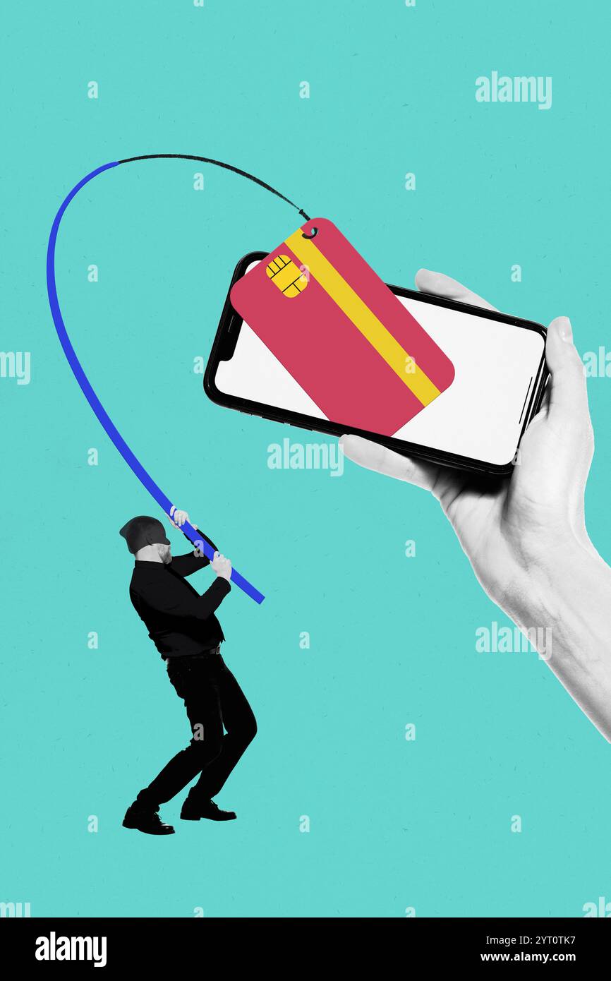 Contemporary art collage. Man uses fishing rod to pull credit card from ...