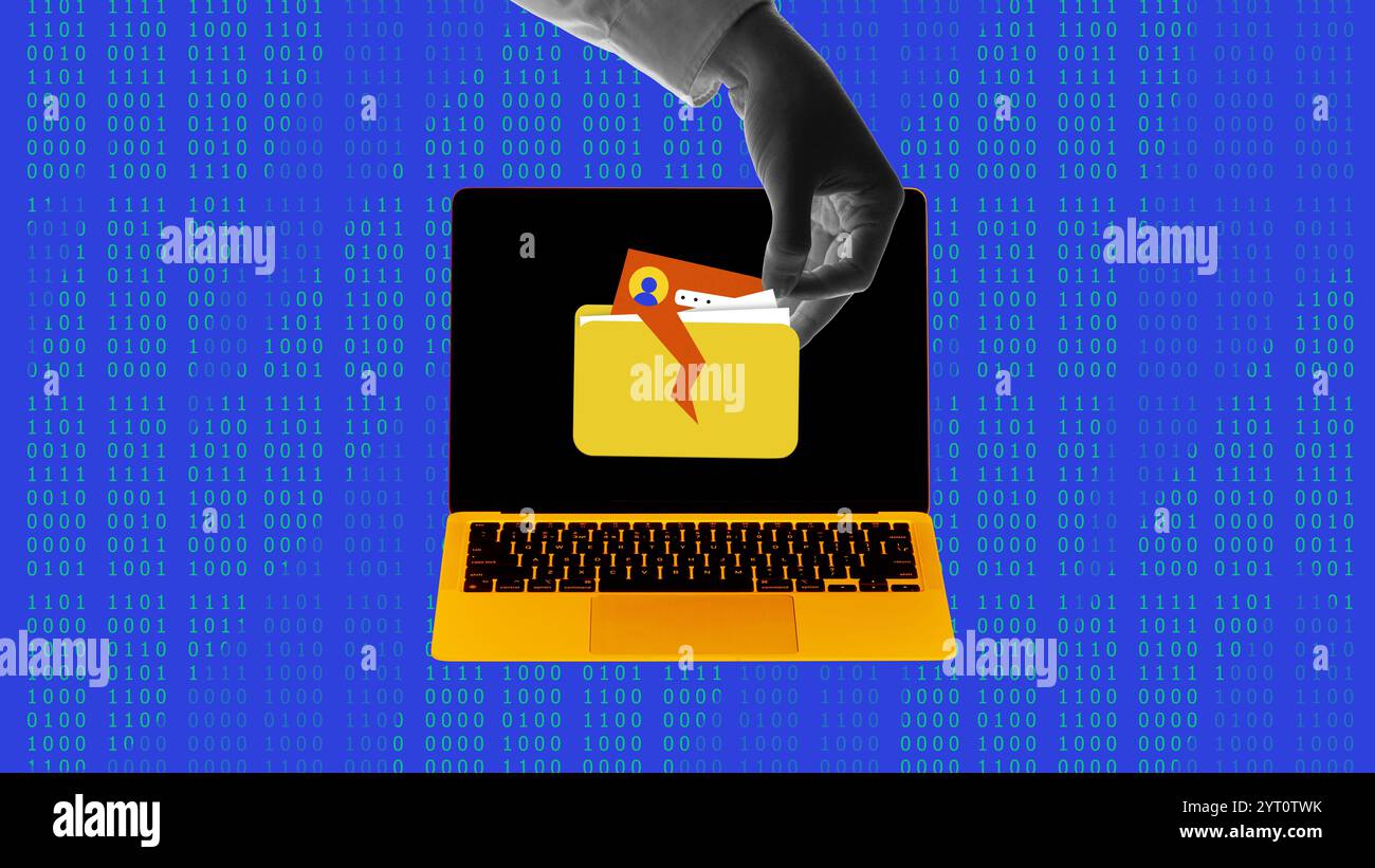 Contemporary art collage. Giant hand reaching from laptop grabbing ...